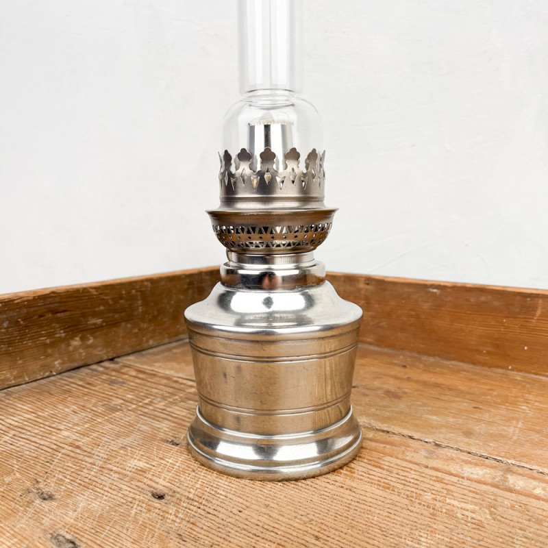 Pewter and glass kerosene lamp with straight base