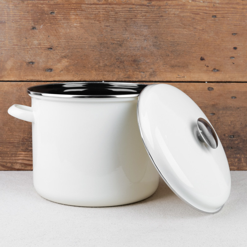 Enamelled steel catering pot with lid