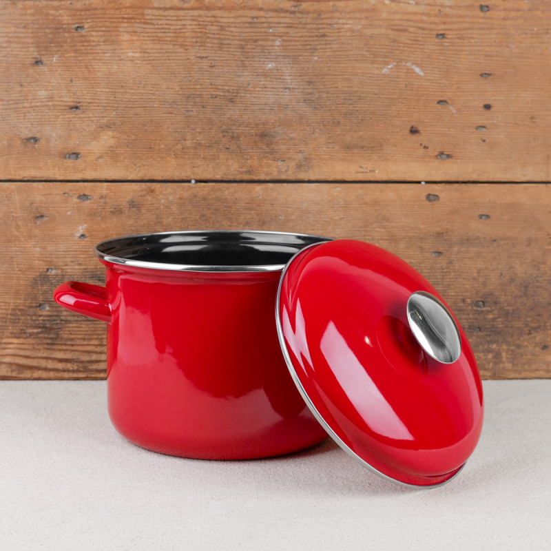 Enamelled steel catering pot with lid